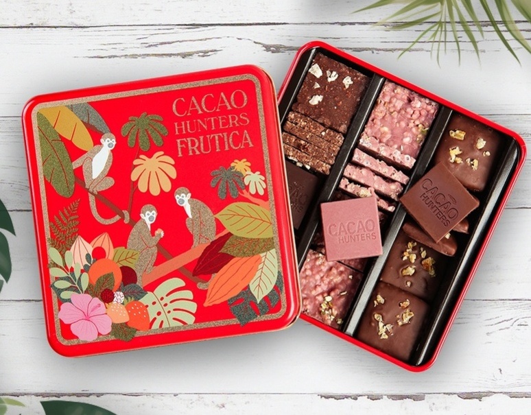 バレンタイン CACAO HUNTERS 『フルティーカ』 1缶 (チョコクランチ2種各15個＋チョコ掛けクッキー11個+ミニ板チョコ3個 ) ※常温｜美味お取り寄せ。dancyu